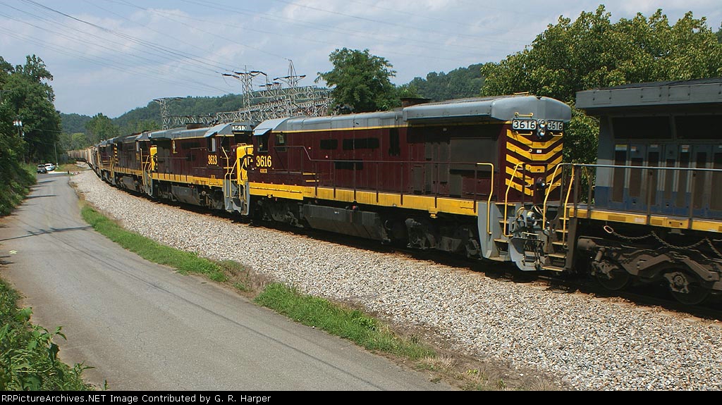 343 - Ohio Central (OHCR) 3616 is the first of five units in tow on the G86202